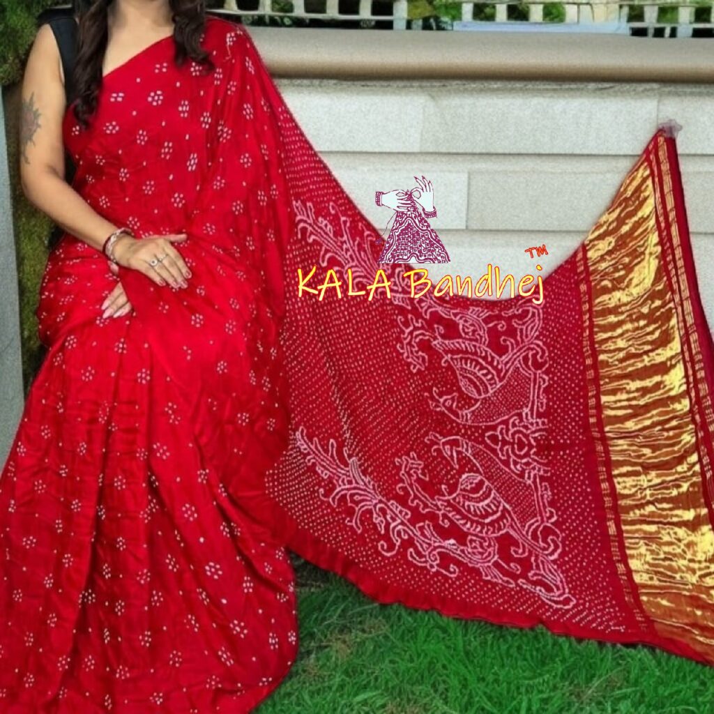 Red Bandhani Morlo Palav Saree Pure GajiSilk - Bandhani - KaLa Bandhej