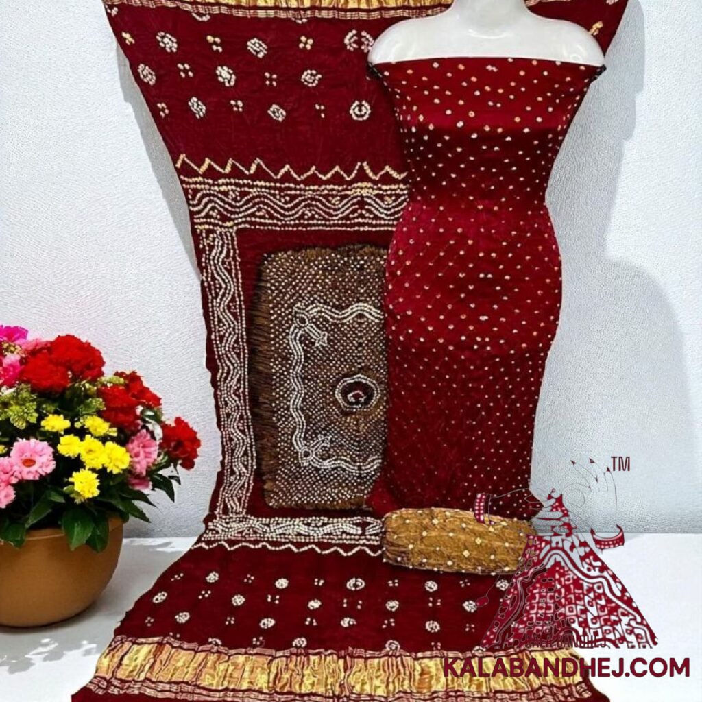 Blood Red Mustered Bandhani Chandrakhani Dress Material Pure Modal Silk ...